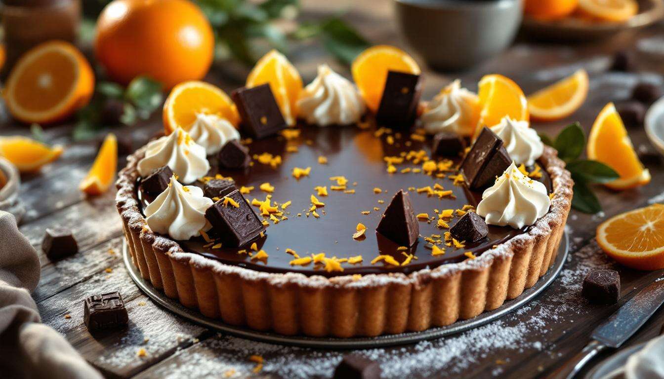 Tarte orange–chocolat : crème d’orange et ganache noire, fondante et ...